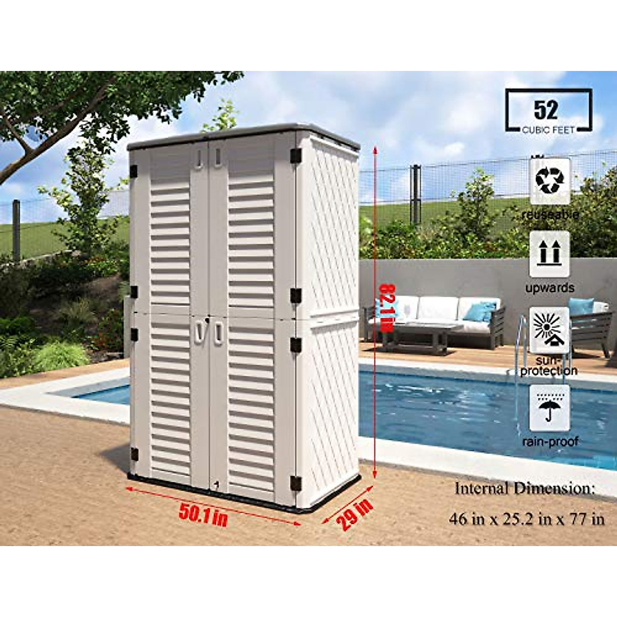 ADDOK Outdoor Storage Cabinet Waterproof,Outdoor Storage Sheds with Floor, Double-Layer Storage Shed for Patios/Generator/Long-Handled Tools (Off-White/52 Cu.Ft)