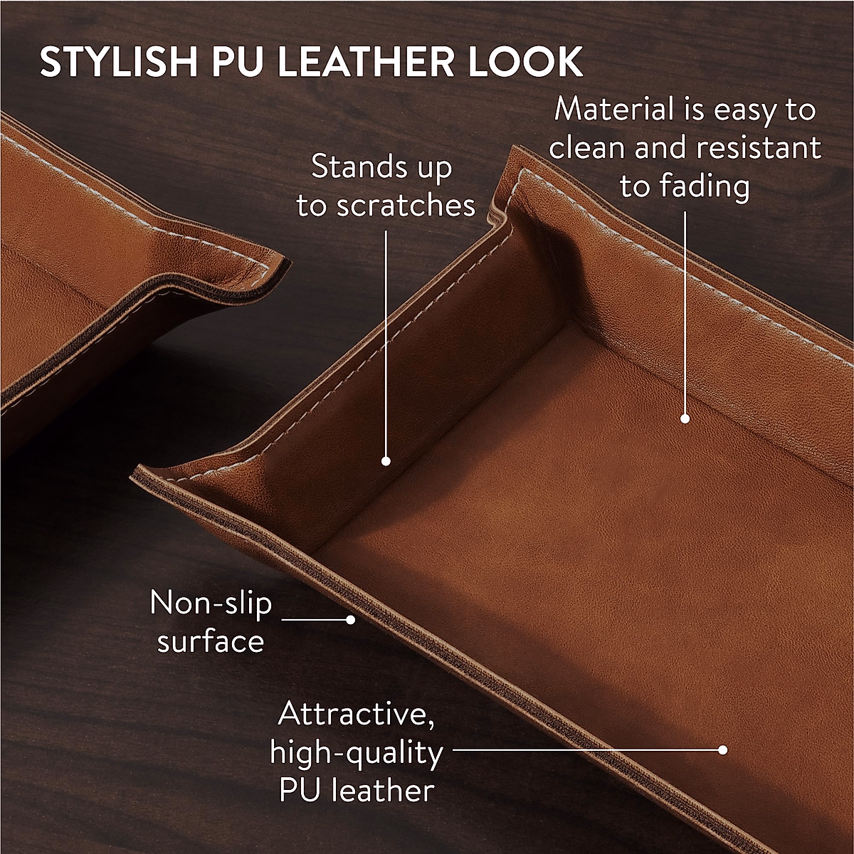 Navaris Faux Leather Valet Tray Set of 2, Catch All Tray, Key Tray for Entryway Table, Nightstand Tray, Catchall for Keys, Watch, Remote, Phone, Valet Tray for Men, Mens Valet Tray