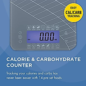 HealthWise Digital Kitchen Food Scale with Calorie & Carb Calculator Tempered Glass | Precision Measurements | Unit conversions: oz, lbs, g, ml | 14 pre-Set Foods, Gray (59-106)