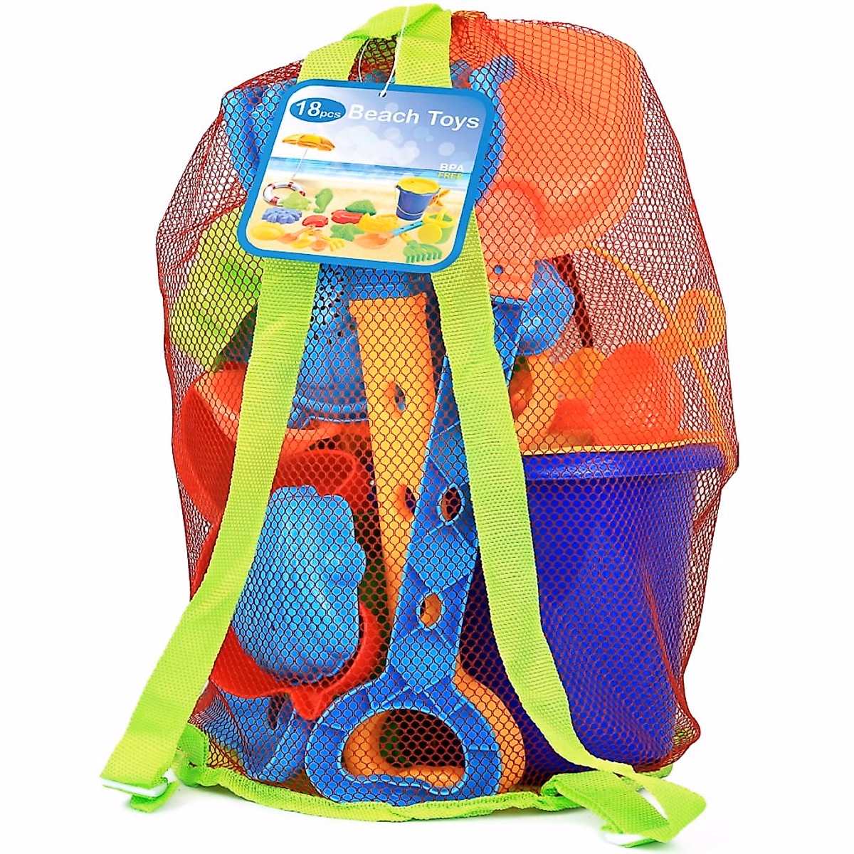 Click N' Play Beach Toys for Kids 3-10 - 18pc Sand Toys Including Sand Buckets for Kids with Sifter, Watering Can, Rake, 4 Hand Tools, 10 Sand Molds & Mesh Beach Toy Bag - Sandbox Toys for Toddlers