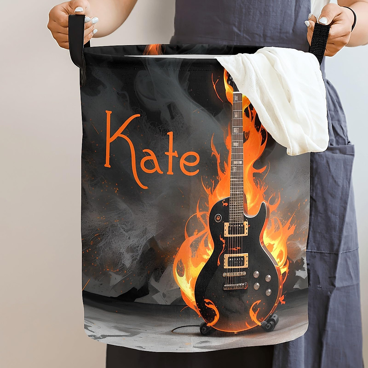Personalized Laundry Basket Burning Guitar Custom Laundry Hamper Collapsible Clothe Storage Baskets with Knitting Handle