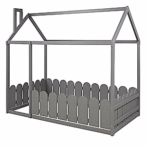 House Bed Frames with Pine Wood Roof and Fence for Kids, Teens, Boys or Girls, Box Spring Needed(Slats Kit Not Included) Platform, Twin, Gray