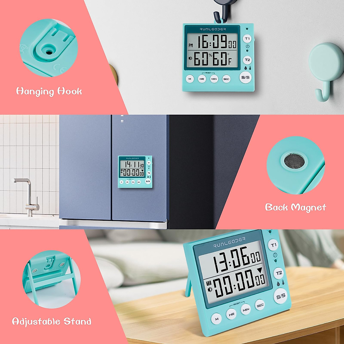 Jayron KT002A 2-Channel Kitchen Timer Magnetic Countdown Timer Clock Temperature and Humidity Meter Digital Minute/Second Timer Desk Clock for Elderly Kids（Blue）