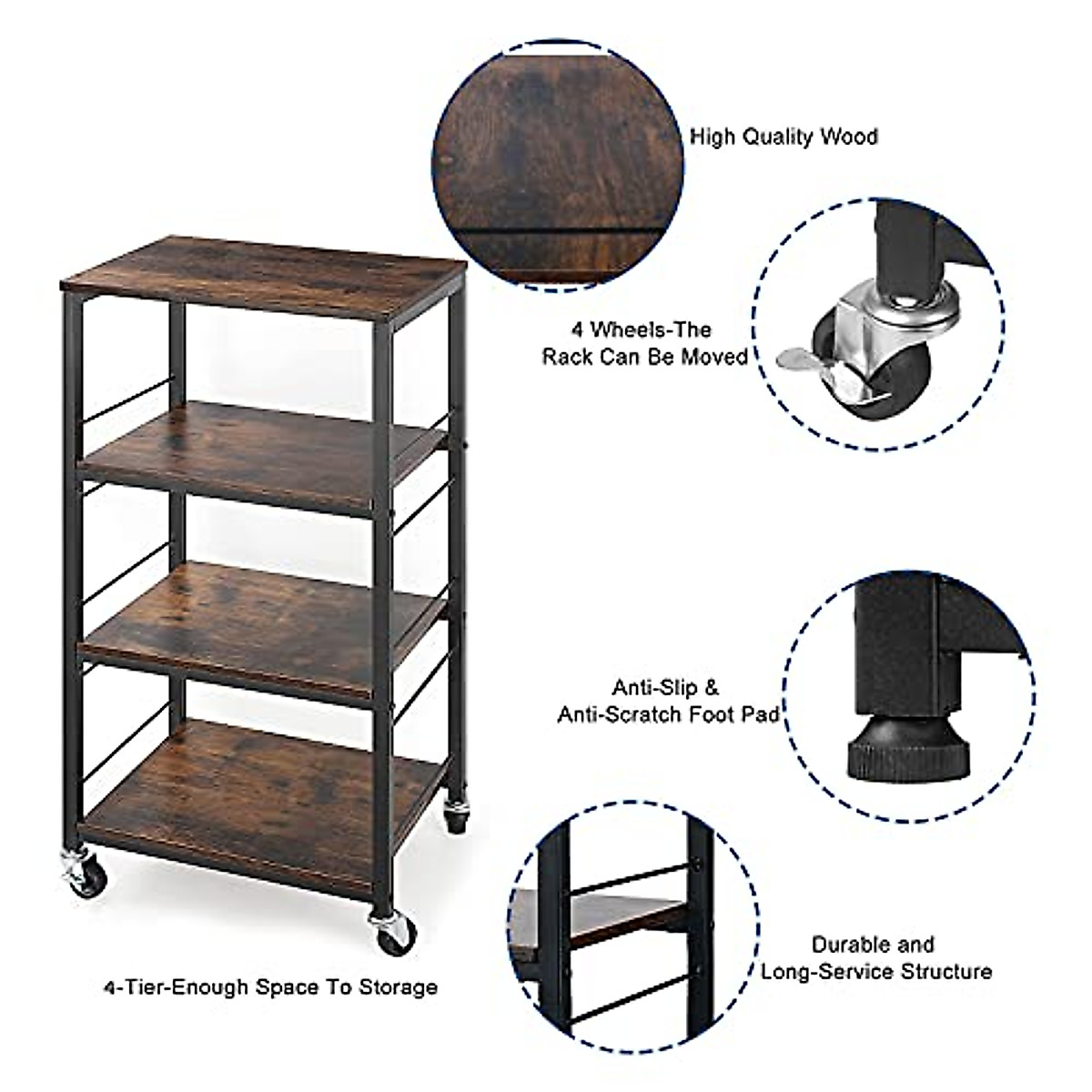 IKESOMUE Industrial Microwave Oven Stand Baker's Storage Racks Shelving Printer Rolling Utility Cart Wood Standing Shelf Units Wheels Kitchen Bathroom Bedroom Living Room Office (4 Tier) (B2201-List)