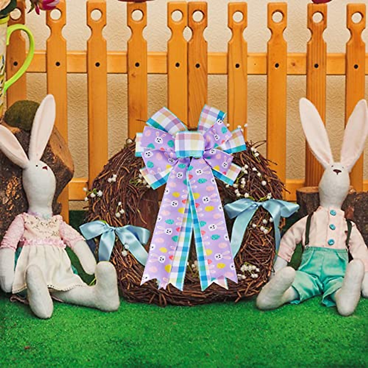 SIMISI RIBBON Easter Large Wreath Bow Burlap Wired Ribbbon Bow with Bunny Eggs Door Ornaments for Easter Day Gift Wrapping Party Decorations, 11x17.7 inch