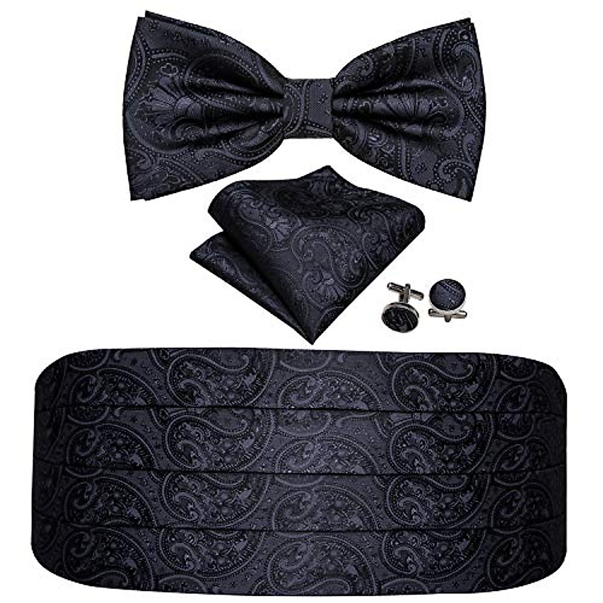 YOHOWA Men Cummerbund Bow Tie Set Paisley Black Silk Pre-Tied Bowtie Pocket Square Cufflinks Formal Wedding Party Prom Banquet