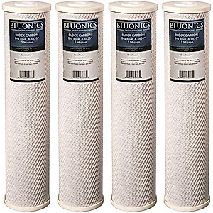 BLUONICS 4-pack Carbon Block Water Replacement Filters (5 Micron) 4.5" x 20" Cartridges for Chlorine, Herbicides, Insecticides, Bad Taste and Odor