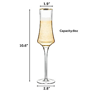 JEKOSEN NEW Champagne Flutes Glasses 8oz Set of 6 Clear Crystal Lead-Free Stemware Champagne Glass With Gold Rim