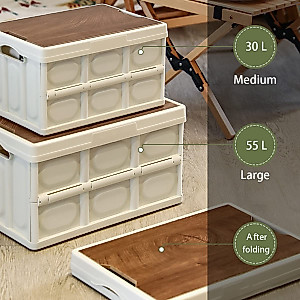 LYZOLICS Collapsible Storage Bin with Wooden Lid, Foldable&Stackable Storage Crate for Outdoor Car, Toys, Camping, Picnic, Indoor Home Room (30L-1pcs)