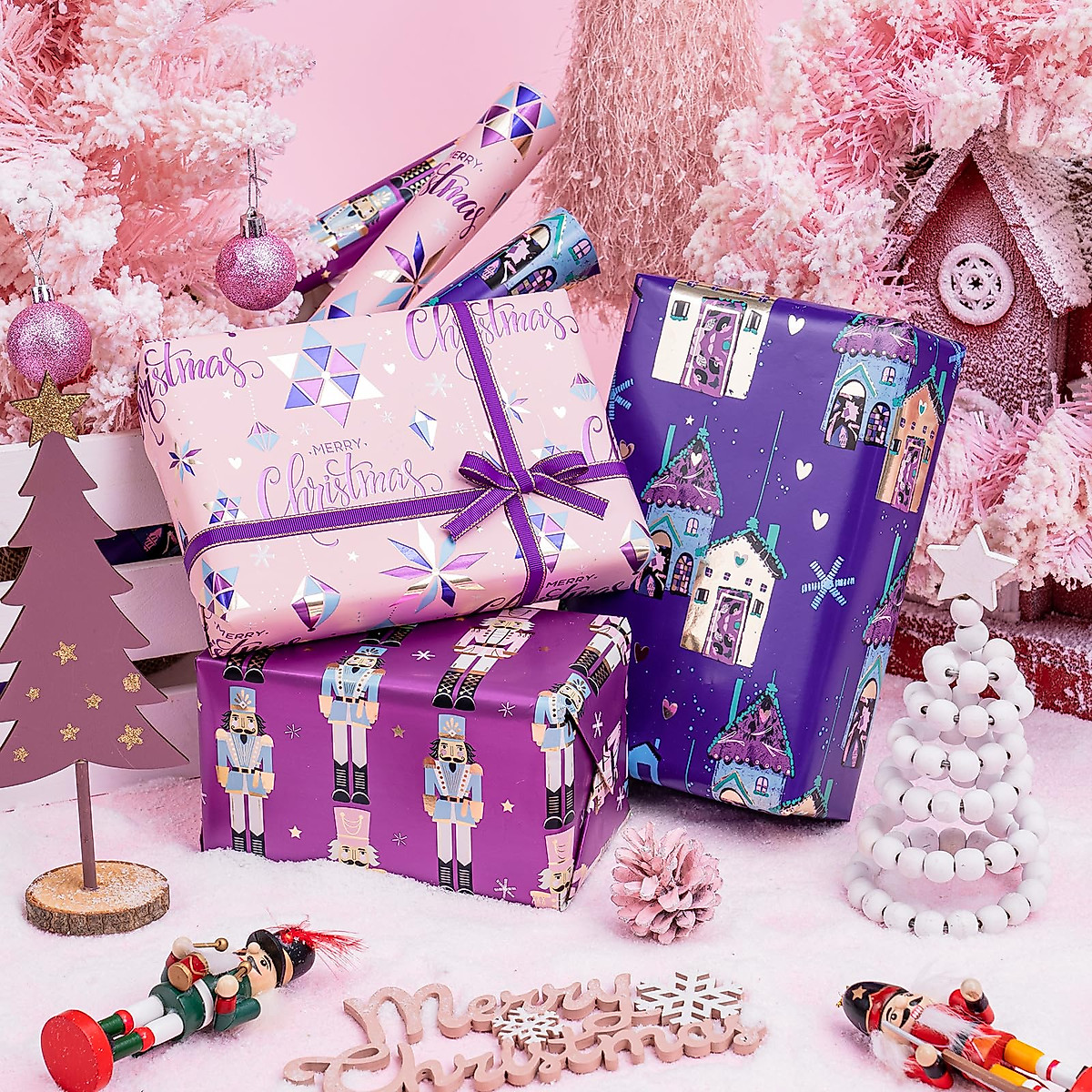 WRAPAHOLIC Christmas Wrapping Paper Roll - Mini Roll - 3 Rolls - 17 Inch X 120 Inch Per Roll - Pink and Purple Nutcracker, House Holiday Collection with Metallic Foil Shine