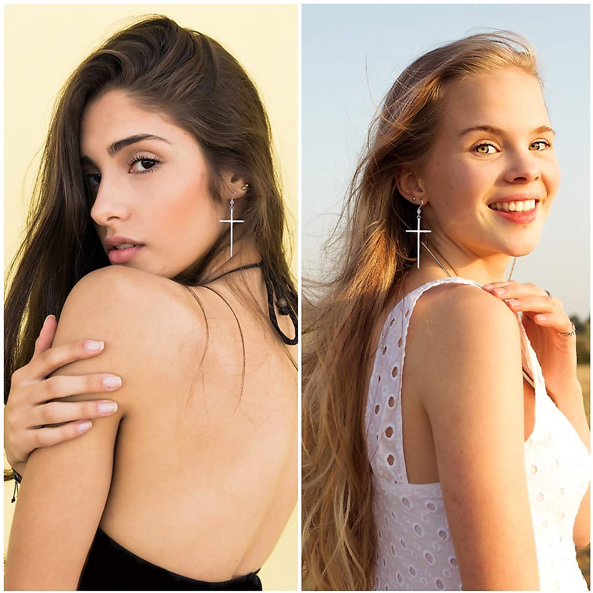 Jeka Cross Long Dangle Earrings for Women Stainless Steel Hypoallergenic Drop Fashion Minimalist Jewelry Silver Christian Religious Easter Gifts for Women