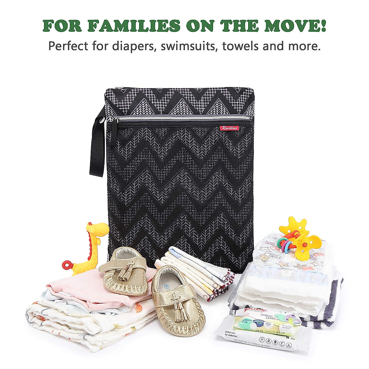 RUVALINO Wet Dry Bag, Reusable Baby Diaper Bag Accessory with Two compartments for Cloth Diapers, Toys, Swimsuits, Dirty Gym Clothes, Toiletries, Large Capacity, Waterproof and Stylish, Black