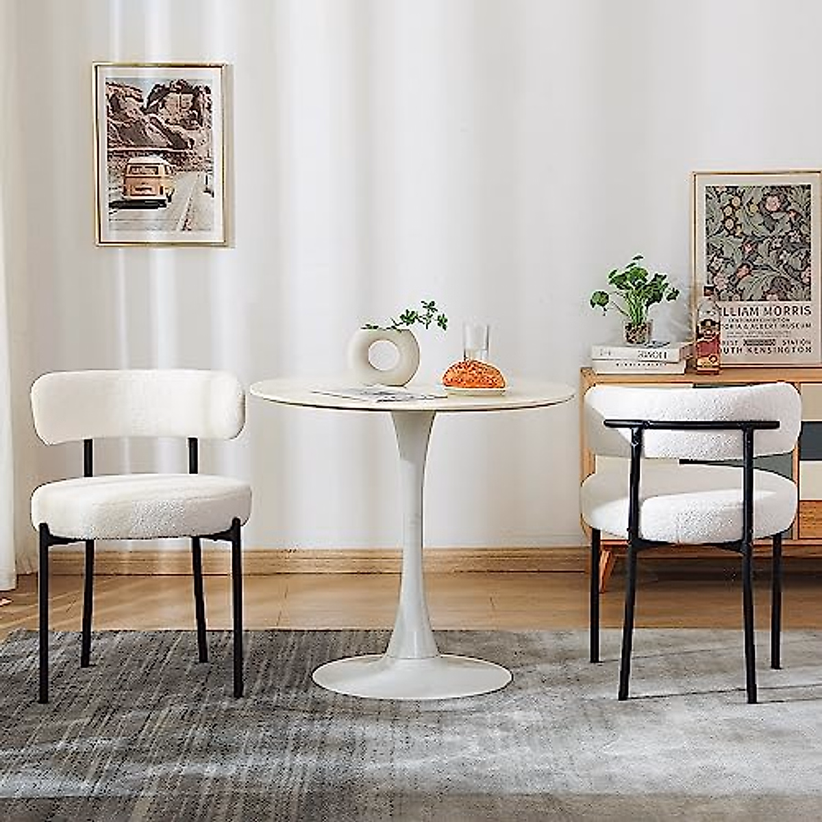 RIGHTPARTS Boucle Dining Chairs Set of 2, Modern Upholstered Tufted Dining Room Chairs, Mid Century Furry Round Kitchen Chairs Curved Backrest Metal Legs Easy Assemble (White, 2)
