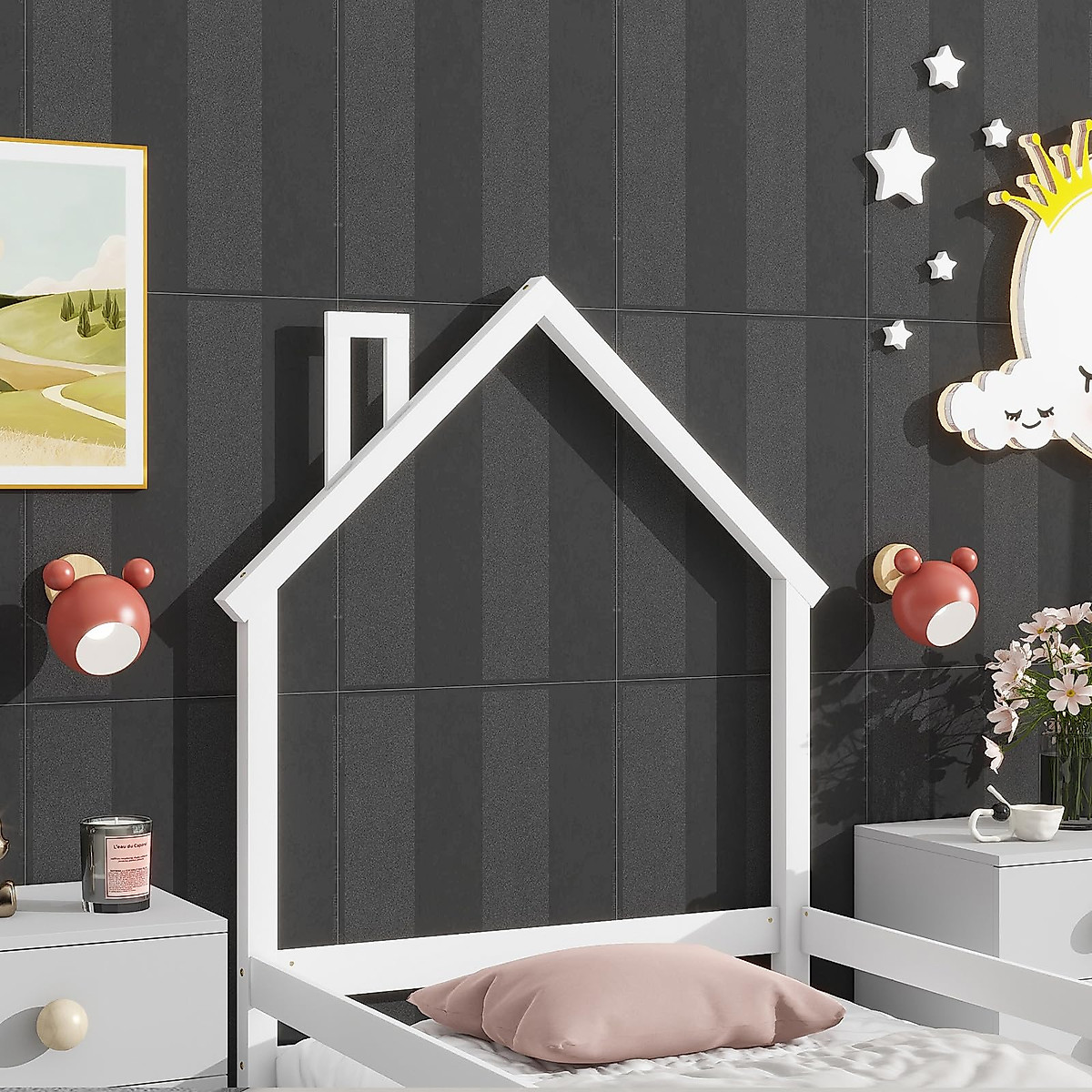 HZANHY Twin Toddler Floor Bed, Montessori Bed with House-Shaped Headboard Twin Size Wood House Bed Frame on Floor with Fence Guardrails Excluded Mattress/No Box Spring Needed for Girls Boys