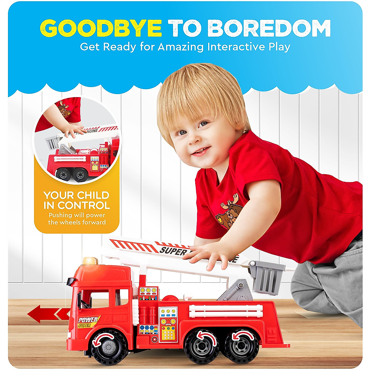 FUNERICA Large Fire Truck Toy with Lights and Sounds - Doors That Open - Big Folding Ladder - 7 Toy Figures and Firemen - Red Firetruck Engine for Toddlers and Kids