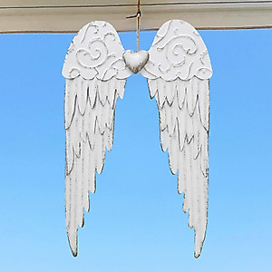E-view Metal Angel Wings Plaques with Heart - Decorative Angel Wing Sculptures Hanging Wall Art Antique Decor for Home Bedroom (1 Piece)