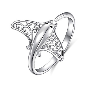 Ladytree S925 Sterling Silver Stingray Sea Animal Open Ring Manta Ray Tree of Life Adjustable Bypass Nature Ocean Ring,Size 7