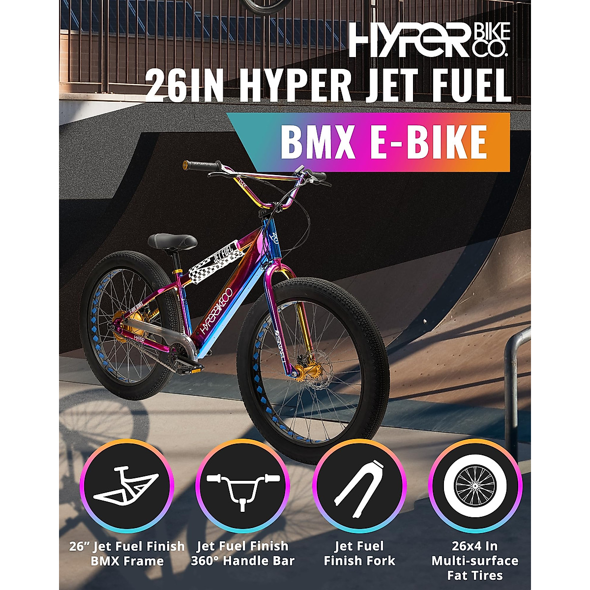 Hyper E-Ride BMX Fat Tire Electric Bike. 250w, 36v Battery, 26 X Inch Fat Tire Ebike with Pedal Assist, Single Speed, Front and Rear Disc Brakes, BMX Frame. Electric Bicycle for Adults. (Jet Fuel)