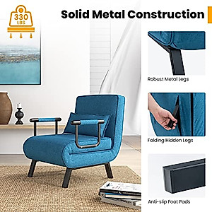 Giantex Convertible Sofa Bed, 4-in-1 Sleeper Chair with Pillow, Modern Recliner Guest Bed with 6 Positions Adjustable Backrest, Metal Legs, Linen Fabric Armchairs for Nursery Living Room Office (Blue)