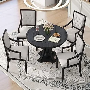 MengK Retro 5-Piece Dining Set Extendable Round Table and 4 Chairs for Kitchen Dining Room (Black Oak)