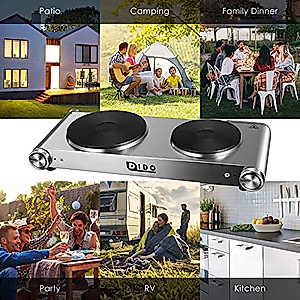 DIDO 1800W Hot Plate, Portable Electric Stove Countertop Cast-Iron Double Burner with Adjustable Temperature& Anti-Slip Feet, Stainless Steel Cooktop for Home/Camp/RV, Compatible for All Cookwares