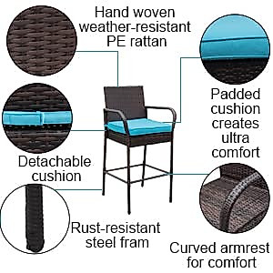 Sundale Outdoor 2 Pieces Patio Bar Stools, All-Weather Wicker Bar Stools Rattan Chairs Set of 2, Counter Height Tall Chair with Arms, Turquoise Cushion, Patio Furniture - Steel, Brown