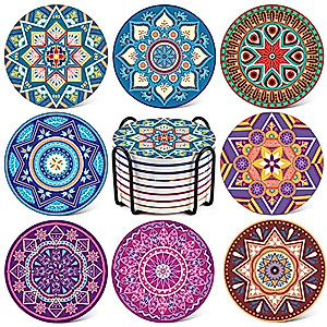 LIFVER 8 Packs Absorbent Drink Coaster Sets, Mandala Style Ceramic Coasters with Holder, 4 Inches Coasters for Drinks with Cork Base, Great Colorful Decor, Ideal Thanksgiving and Housewarming Gifts