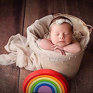 4 PCS Newborn Photography Props Wrap Knit Handmade Pearl Decor Wrap Blanket Swaddle Baby Photo Props Baby Photoshoot Props Prop 2PCS Newborn Photography Wraps + 2PCS Headband(Snow Powder/Beige)