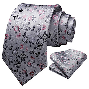 HISDERN Check Floral Dot Tie Handkerchief Wedding Party Woven Classic Men's Necktie & Pocket Square Set,Gray & Pink,One Size