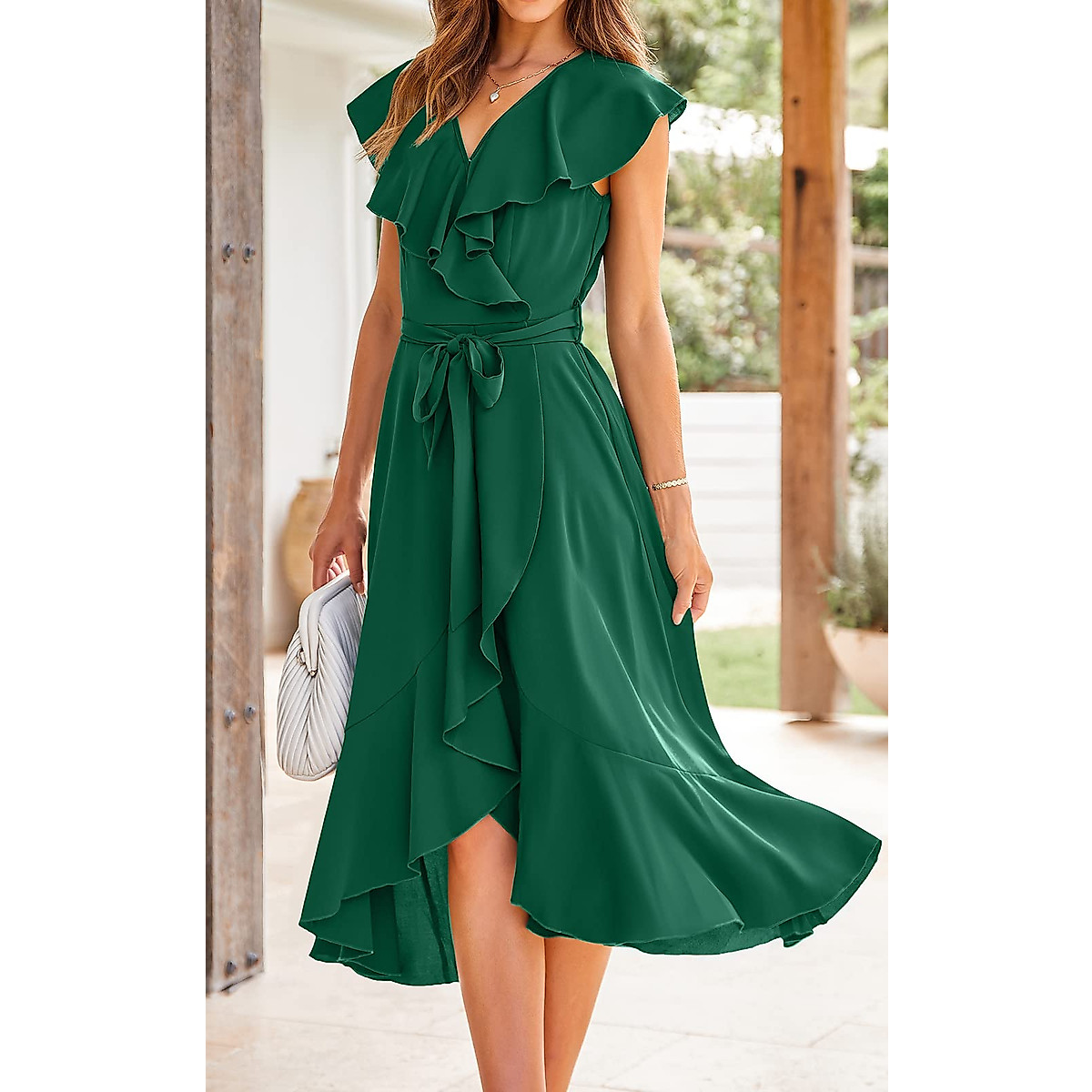 PRETTYGARDEN Women's Summer V Neck Ruffle Wrap Tie Maxi Dress Solid Color Flutter Sleeve Holiday Dresses for Women 2023 (Dark Green,Medium)