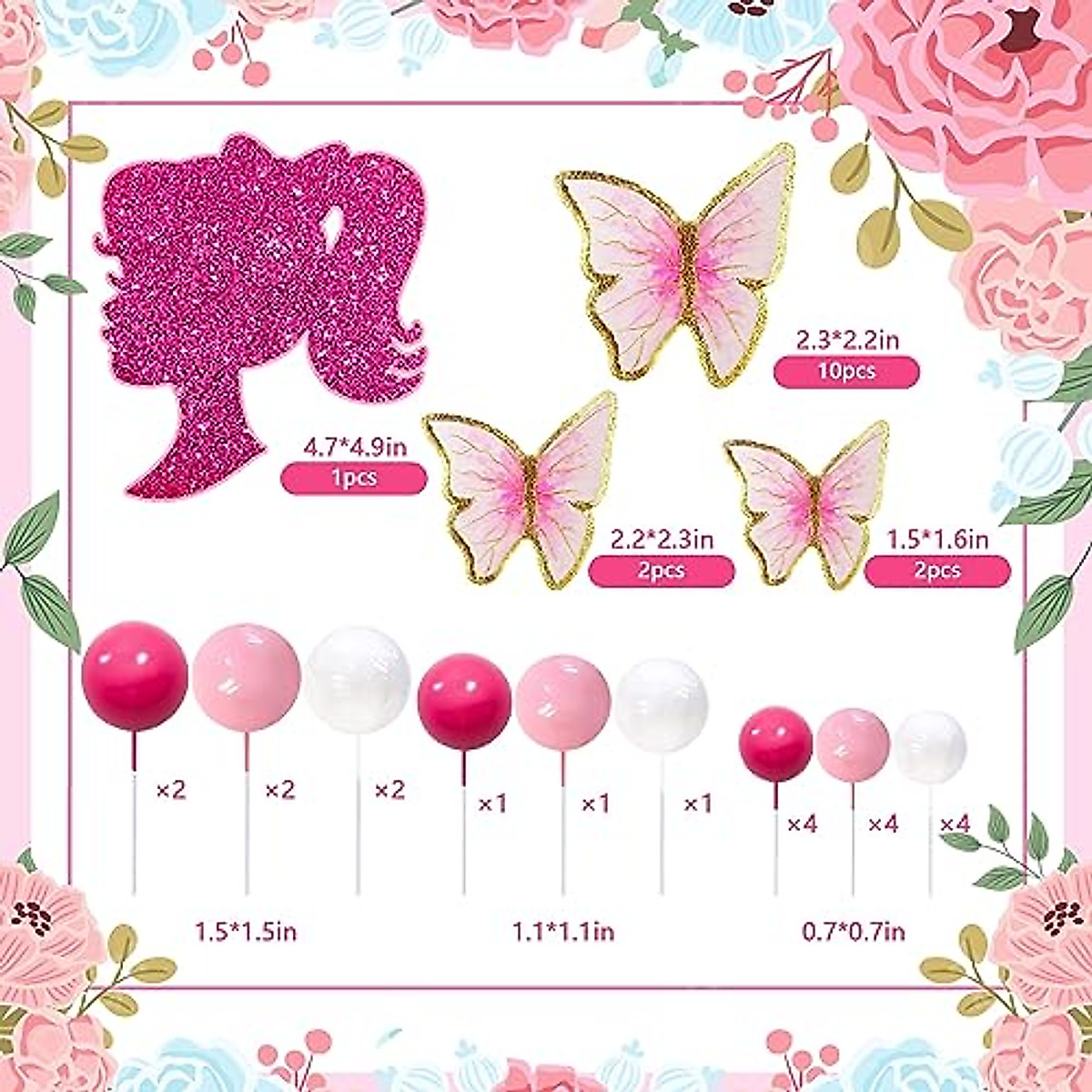 MEMOVAN Hot Pink Girl Cake Toppers 27pcs Pink Ball Butterfly Cake Decoration Girl Theme Cake Decoration for Boho Girl Hot Pink Princess Theme Wedding Baby Shower Birthday Party Supplies