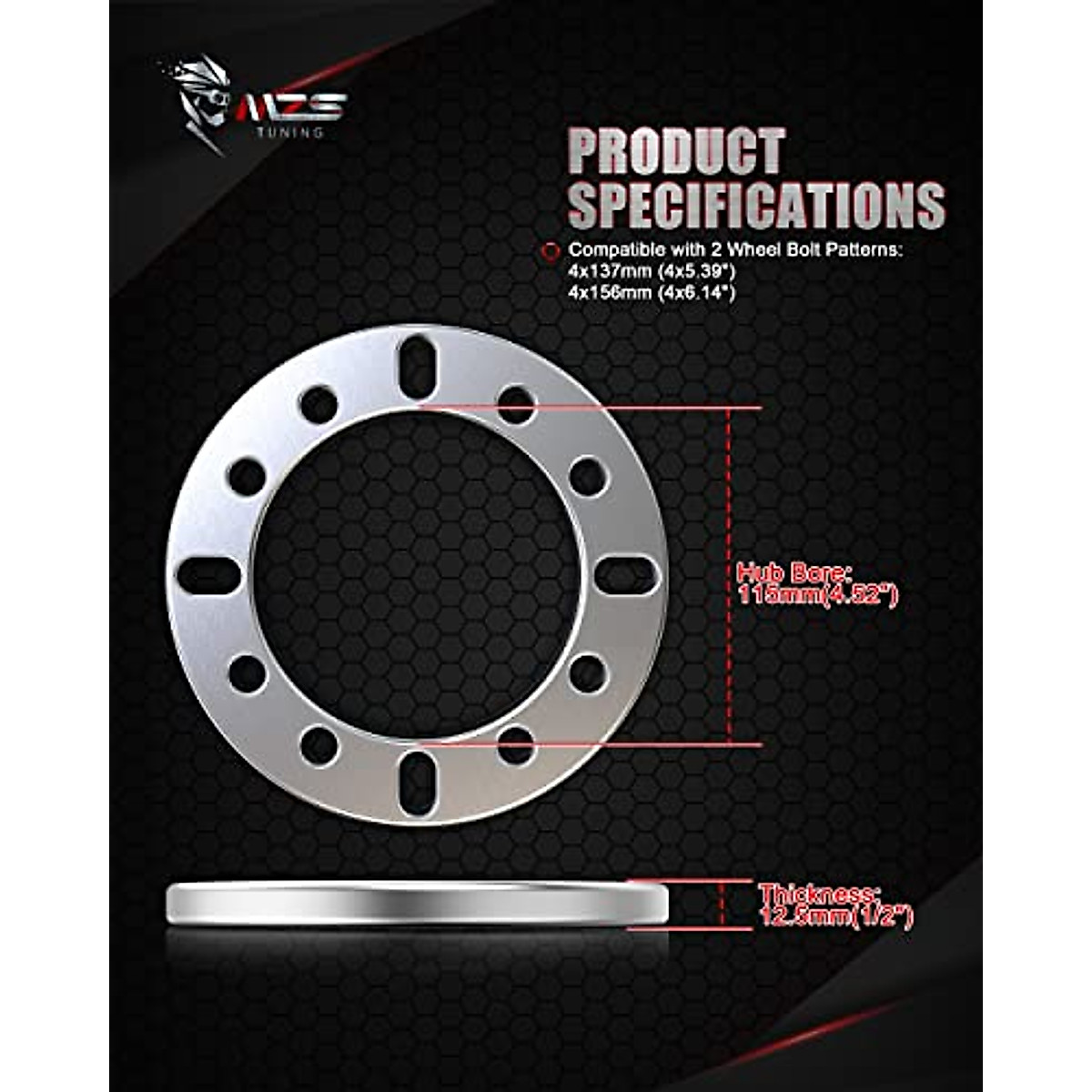 MZS Wheel Spacers, 1/2" Thick 4x137 4x156 ATV UTV Flat Wheel Accessories Parts fit 4 lug SxS 4x4 Off-Road Vehicles with Hub Bore 115mm