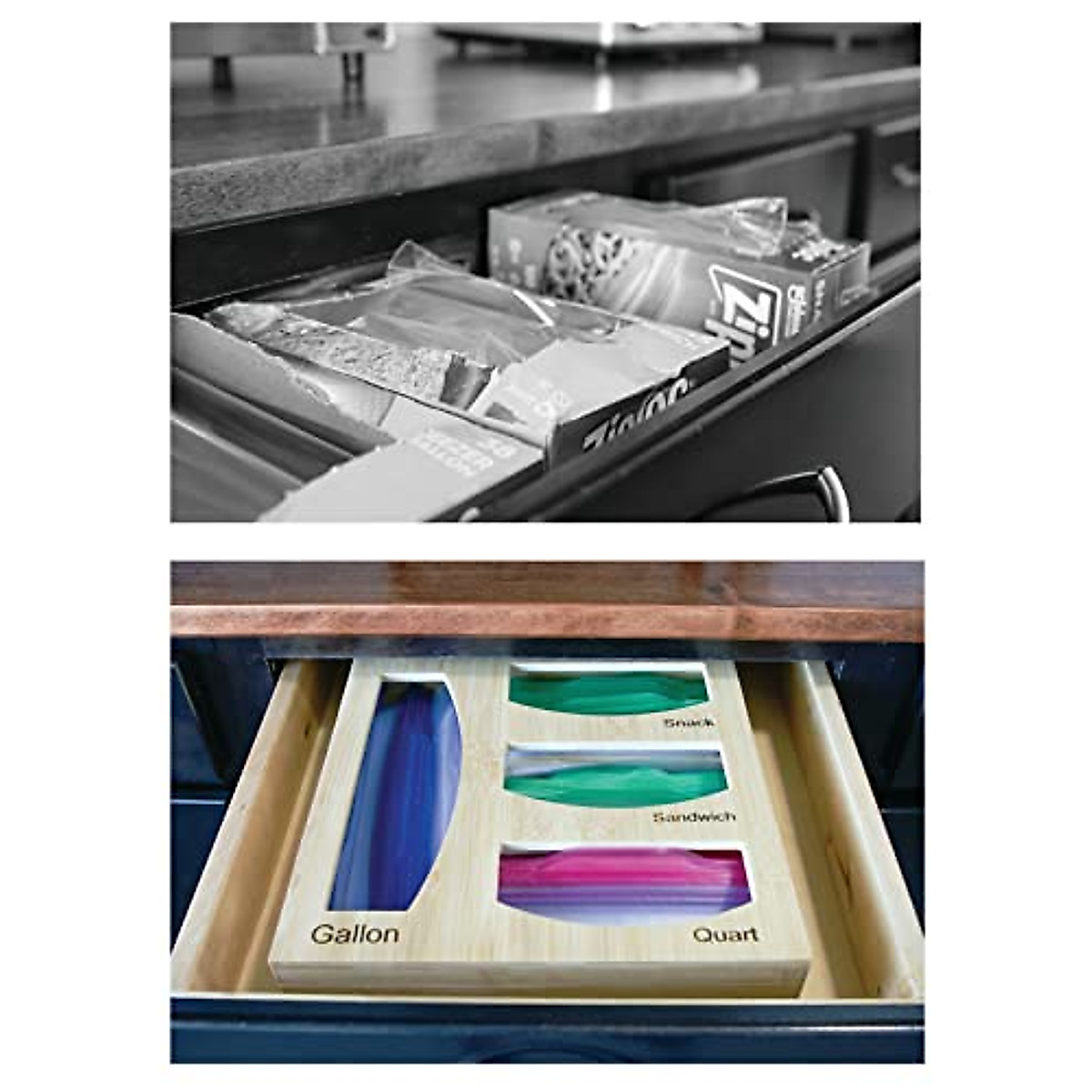 Ziplock Bag Organizer - Stylish Bamboo Zip Lock Storage Organization For Your Kitchen Drawers Cabinet Or Pantry - Wall Mount With Hinge Open Lid And Compression Clasps Great For A Gift