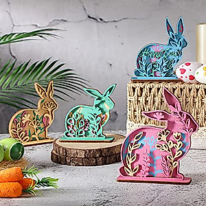 4 Pcs Easter Table Decor Bunny Wooden Signs Spring Rabbit Wood Tabletop Decorations Easter Tiered Tray Decor Bunny Freestanding Centerpiece Reversible Double Printed Bunny Table Decor with Jute Rope