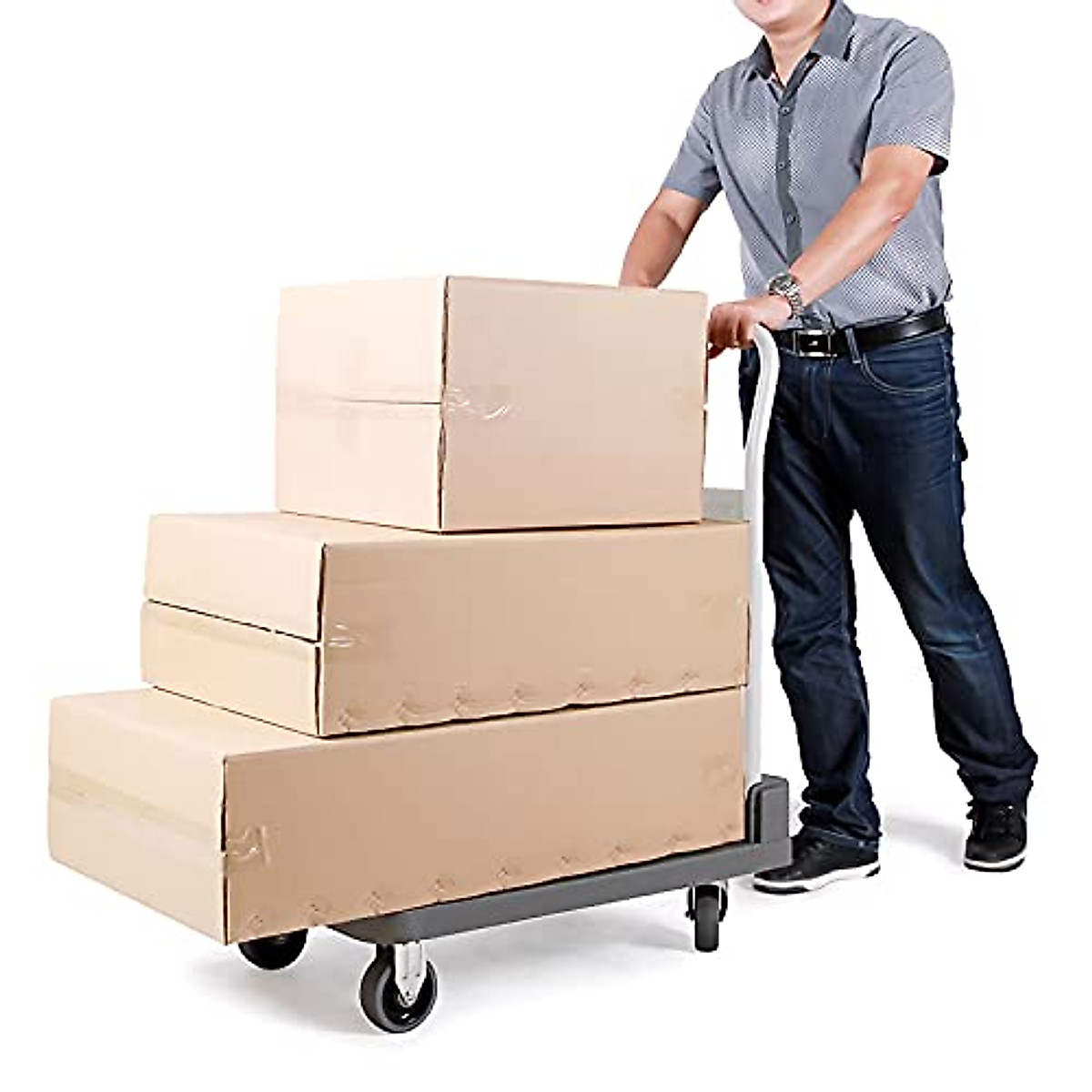 Generic Push Cart Dolly Portable Platform Truck Plastic Panel Push Cart with Metal Foldable Handle Flatbed Hand Trolley for Warehouse Factory Moving Platform, Small