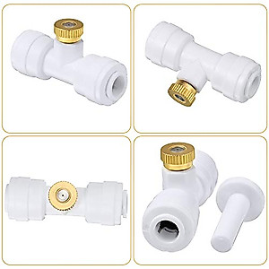 16 Pieces Brass Misting Nozzles Kit Atomizing Nozzle Kit 0.4 mm Orifice 2 Points 1/4 Inch Lock Misting Nozzles with 4 Pieces Plug for Patio Misting System Outdoor Cooling System Garden Water
