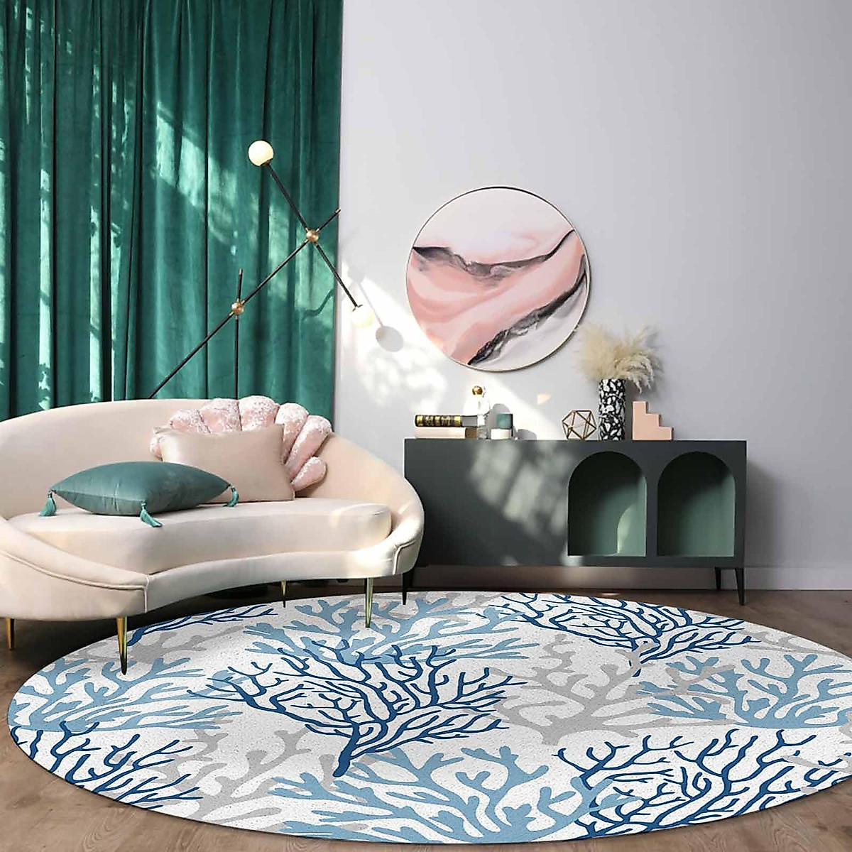 Huotupsine Navy Blue Coral Coastal Round Area Rugs, Summer Beach Non-Skid Children Playing Mat, Ocean Seaside Nautical 4ft Soft Circle Farmhouse Rugs for Living Room, Bedroom, Dining Room