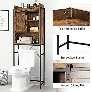 Tangkula Over-The-Toilet Storage Cabinet, Freestanding 4-Tier Bathroom Organizer Rack w/Adjustable Shelf & Sliding Barn Door, Multifunctional Bathroom Space Saver, 25 x 9.5 x 67.5 in (Rustic Brown)