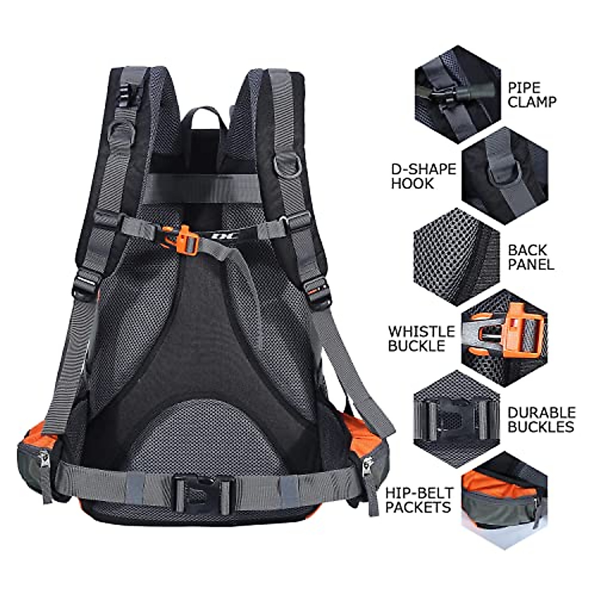 Diamond Candy Waterproof Hiking Backpack for Men and Women, Lightweight Day Pack for Travel Camping, Orange, 40L