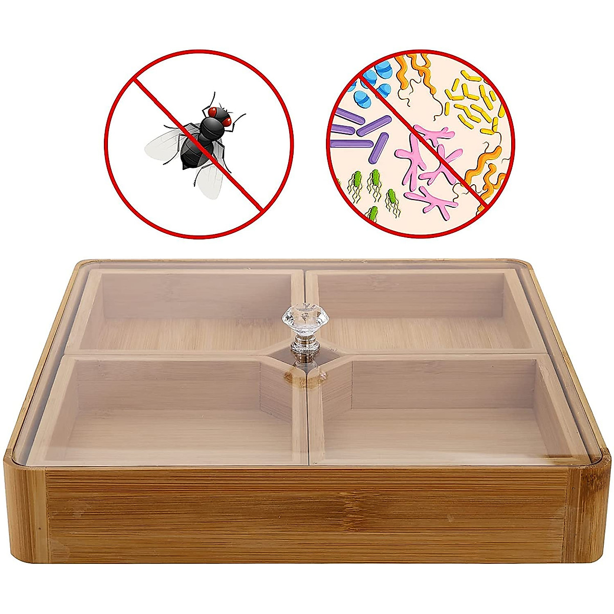 WUWEOT Bamboo Nut and Candy Serving Tray, Party Appetizer Platter Veggie Dish, Candy Bowl with Acrylic Lid & Removable Dividers for Party, Taco Dip Parties Platters & Chip Bowls