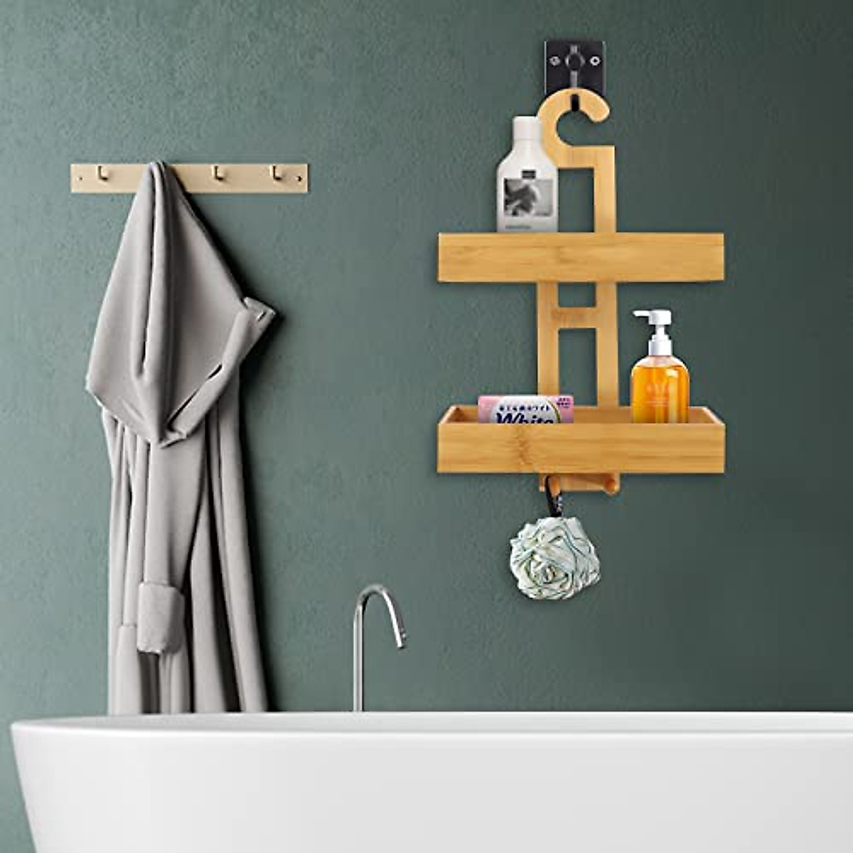 Mgorgeous Bamboo Hanging Shower Caddy, Natural & Waterproof Bamboo Shower Rack w/ 2 Storage Baskets & 2 Hanging Hooks, 2-Tier Bathroom Shower Organizer Holder for Shampoo, Conditioner, Soap