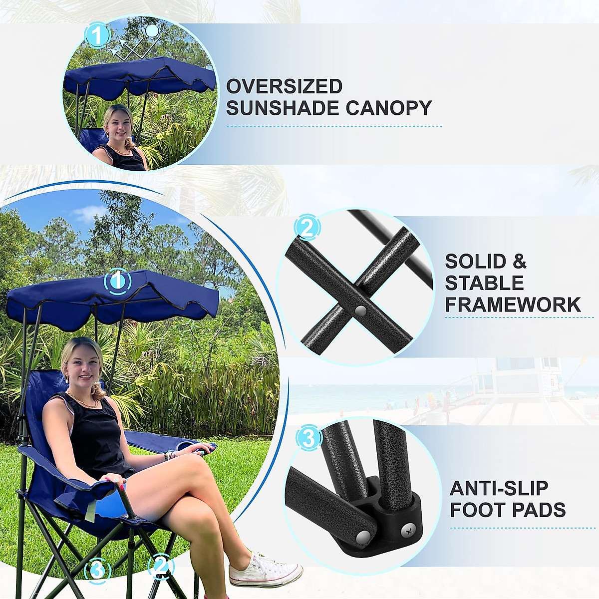 LET'S CAMP Camp Chair with Shade Canopy Folding Camping Recliner Chair with Carry Bag for Outdoor Camping Hiking Beach, Heavy Duty 350 LBS