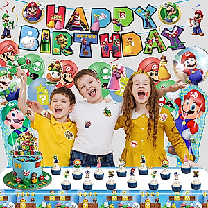 Mario Party Supplies Birthday Party Favors Super Mario Bros Birthday Decorations Include Birthday Banners, Balloons, Tablecloth, Cake Decoration, Cupcake Toppers, Hanging Swirls