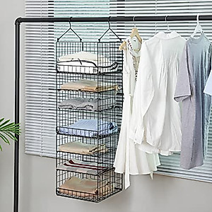 Yuyetuyo 7-Shelf Adjustable Hanging Closet Organizer, Wall Mount Clothes Shelves with 6 Adjustable Dividers for Socks Clothing Sweaters Shoes Handbags,Black