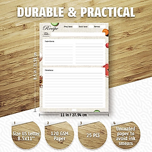 CraftSaints Full Size Recipe Pages 8.5x11'' Double-Sided Paper, (25 Sheets) No-Smear Matte Paper Recipe Pages for Binders, Convenient Blank Recipe Paper Refills (Vegetable)