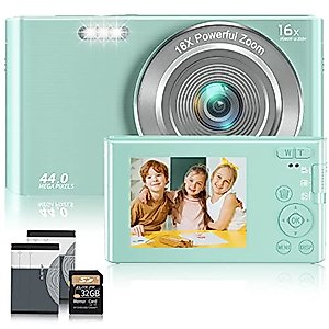 Digital Camera,Kids Camera with 32GB Card 2.7K 44MP Point and Shoot Camera with 16X Digital Zoom 2.4 Inch,Vlogging Camera for Students Teens Adults Girls Boys-Green3