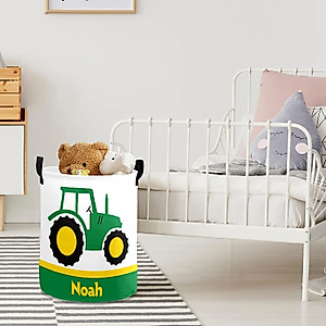 Personalized Laundry Basket Hamper,Farm Tractor Truck Green,Collapsible Storage Baskets with Handles for Kids Room,Clothes, Nursery Decor