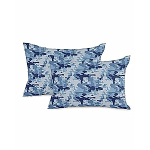 Throw Pillow Covers Set of 2, Lumbar Pillow Case Blue Camouflage Cotton Linen Rectangular Cushion Case Pillowcase for Couch Sofa Living Room Bedroom Decorative, 12 x 20 Inches