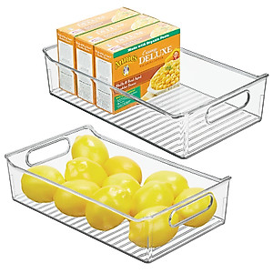 mDesign Slim Plastic Kitchen Storage Container Bins with Handles -Organization in Pantry, Cabinet, Refrigerator or Freezer Shelves - Food Organizer for Fruit, Yogurt, Squeeze Pouches - 4 Pack - Clear