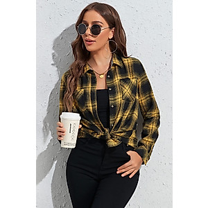 KevaMolly Plaid Long Sleeve Flannel Shirts for Women Loose Fit Boyfriend Button Down Shirt Casual Flannel Blouse Tops Black Yellow XL
